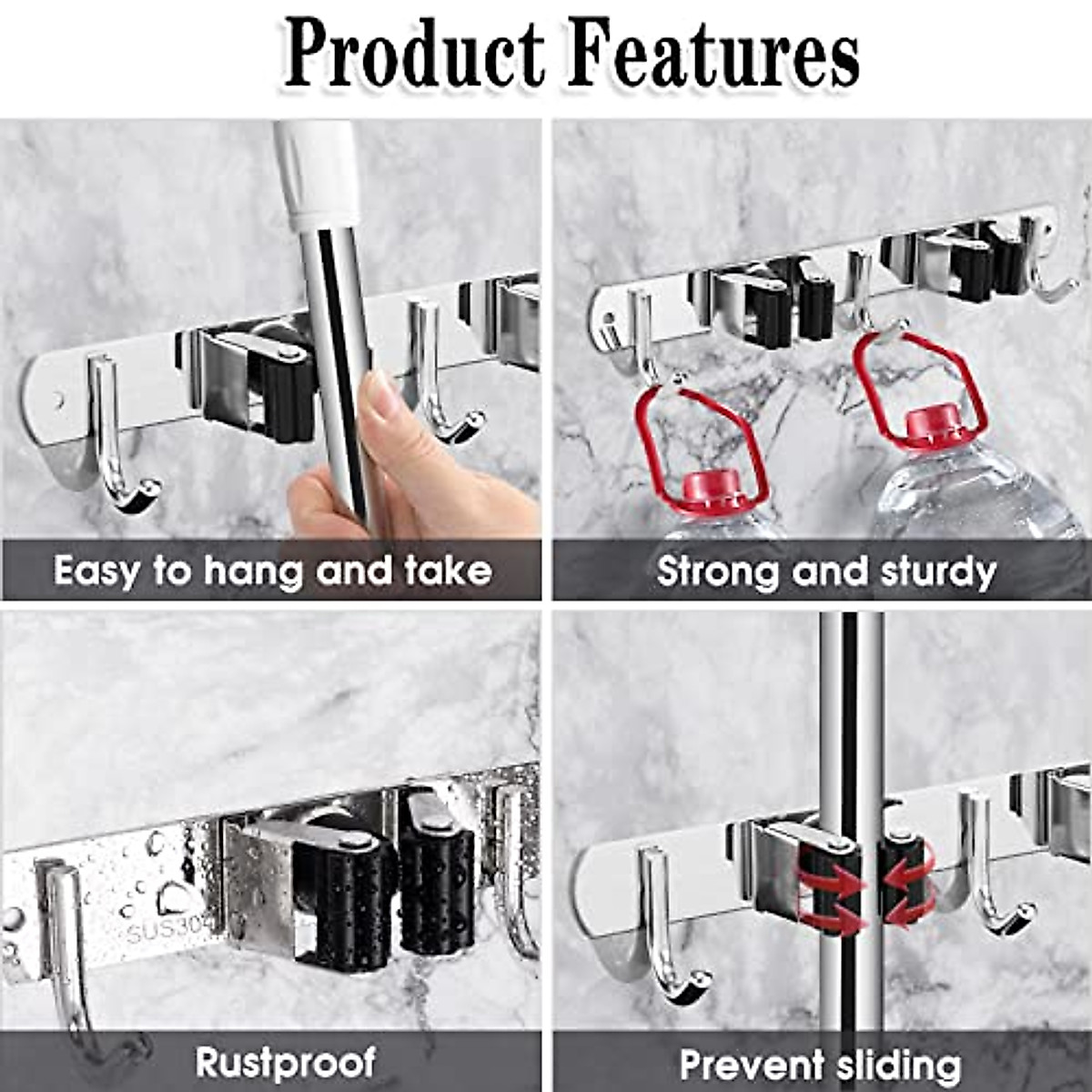 2 Racks and 3 Hooks & Black 5 Racks and 4 Hooks Broom and Mop Holder Wall Mounted Garage Organizer Storage Tool Racks Stainless Steel Heavy Duty Hooks Self Adhesive Solid Non-slip Wall Hangers