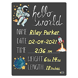 Cohas Hello World Newborn Baby Announcement Chalkboard Sign with Space Theme, 9 by 12 Inches, No Marker