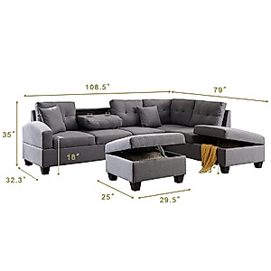 Unovivy Large Sectional Couches for Living Room, 109" L Shaped Upholstered Sofa with Chaise, Ottoman and Cup Holders, 3-Piece Fabric Furniture Sets, Suitable Space & Apartment, Light Gray