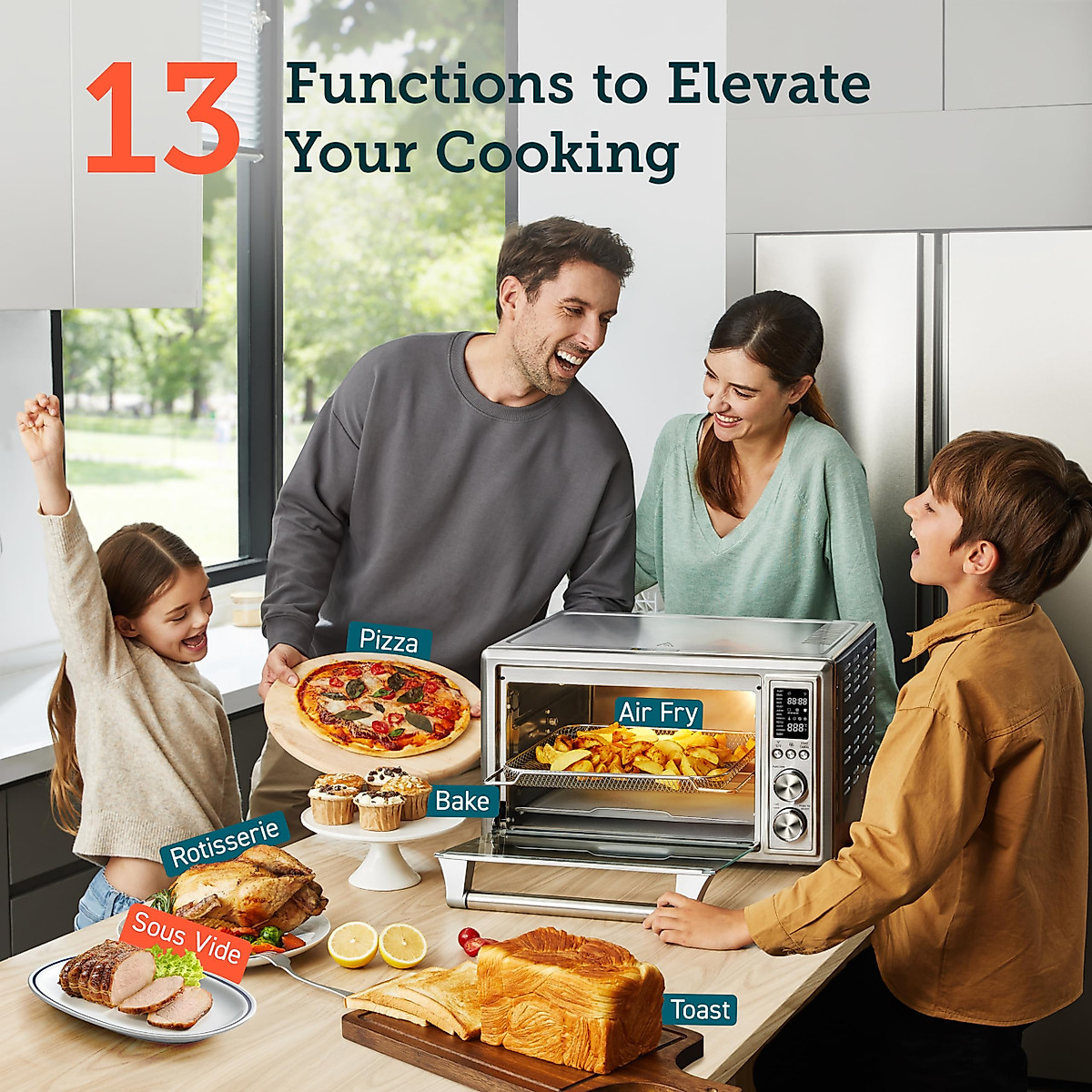 COSORI Smart 13-in-1 Air Fryer Toaster Oven Combo, Airfryer Rotisserie Sous Vide Convection Oven Countertop, Bake, Broil, Roast, Dehydrate, 134 Recipes & 4 Accessories, 32QT, Silver, Stainless Steel