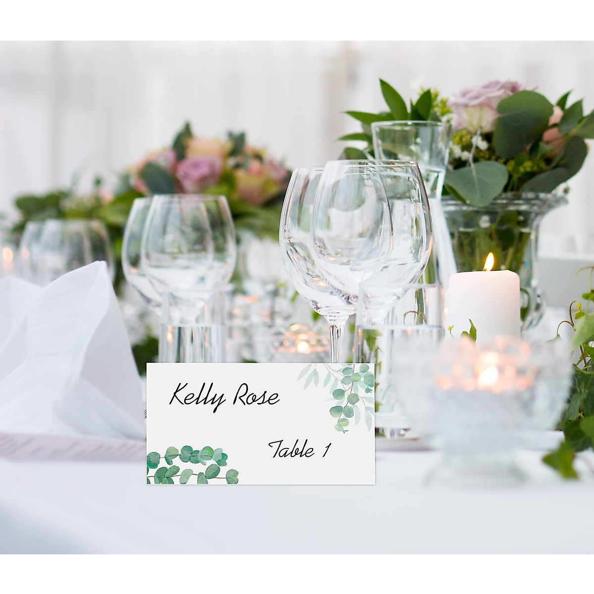 RokAPary Eucalyptus Tented Table Place Cards, for Wedding, Bridal Shower, Bachelorette or Engagement Party, Dinner Parties, Banquets, Easy Folding, 2"x3.5" Pack of 50 Cards, Made in USA