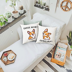 Sidhua Corgi Dog Themed Pillowcase Decorations for Home, Funny Dog Corgi Guess What Throw Pillow Cover 18”x18” Double Sided Reversible, Funny Corgi Mom Gifts, Pet Dog Lover Gifts