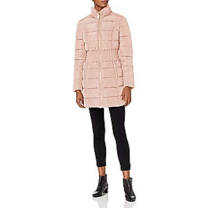 LAUNDRY BY SHELLI SEGAL Women's 3/4 Puffer Jacket with Zig Zag Cinched Waist and Faux Fur Trim Hood, Dusty Pink, Medium