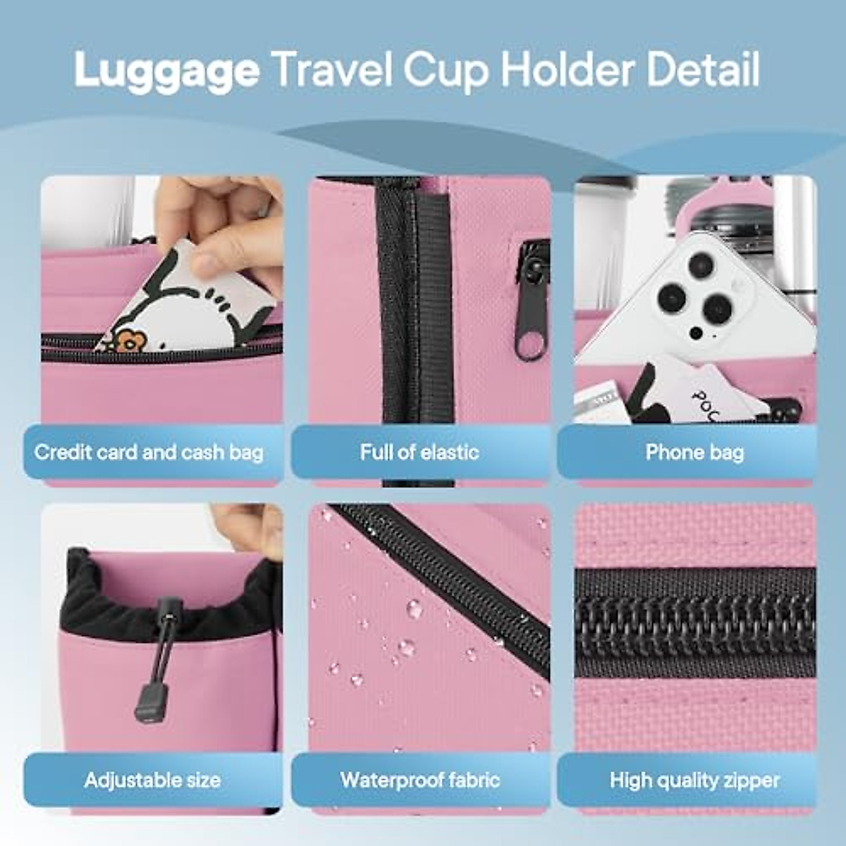 Luggage Cup Holder for Suitcases Free Hands, Travel Accessories, Luggage Cup Caddy Gifts, Beverage Holder, Universal Luggage Accessories for Flight Attendants, Business Travelers, Pink