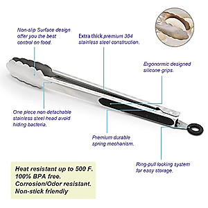 304 Stainless Steel Kitchen Cooking Tongs, 9" and 12" Set of 2 Sturdy Grilling Barbeque Brushed Locking Food Tongs with Ergonomic Grip, Black