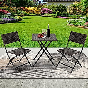 BLKMTY Patio Bistro Set 3-Piece Outdoor Patio Furniture Sets Rattan Table Set Folding Table and Chairs Foldable Wicker Bistro Set Balcony Cafe Table Square Patio Table Chair for Porch, Garden