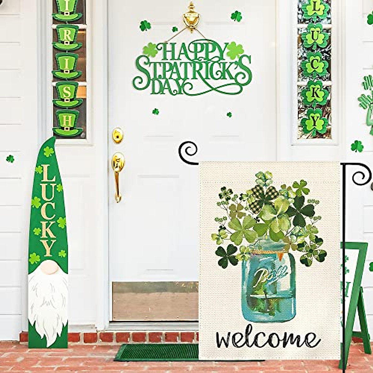 AVOIN colorlife Welcome Watercolor Lucky Clover St Patricks Day Garden Flag Double Sided, Shamrock Jar Yard Outdoor Flag 12x18 Inch