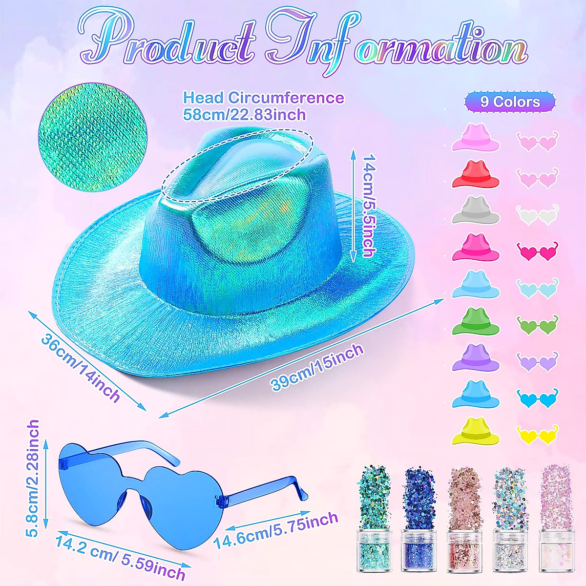 Coume 23 Pcs Cowboy Light up Hat Bulk Flashing Holographic Cowgirl Hats with Heart Sunglasses for Women Costume Accessories(Vivid Color, Novel Style)