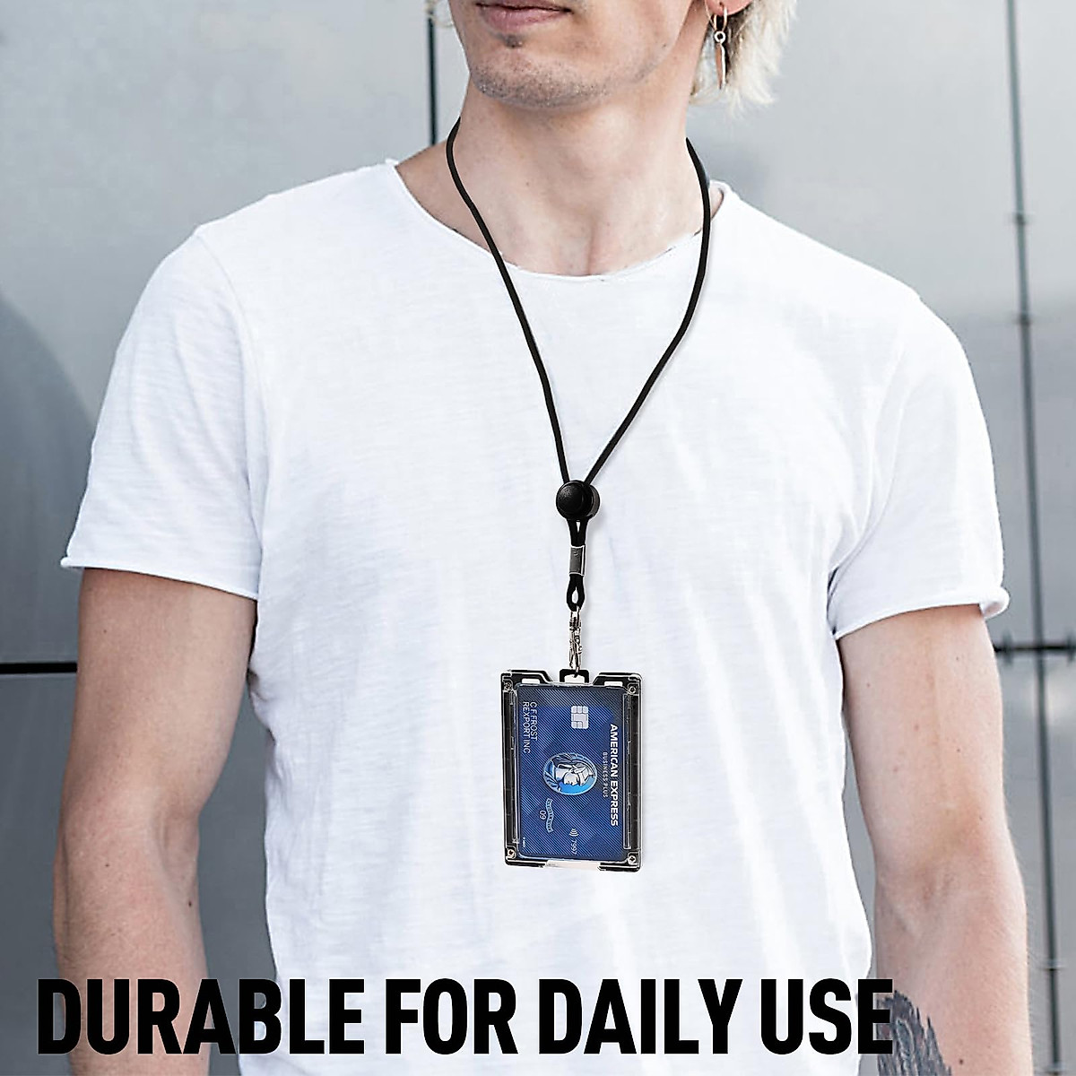 Indoula Badge Holders, Vertical/Hard Plastic ID Badge Holder with Lanyard and Metal Clip (1 Pack, 4 Cards Storable).