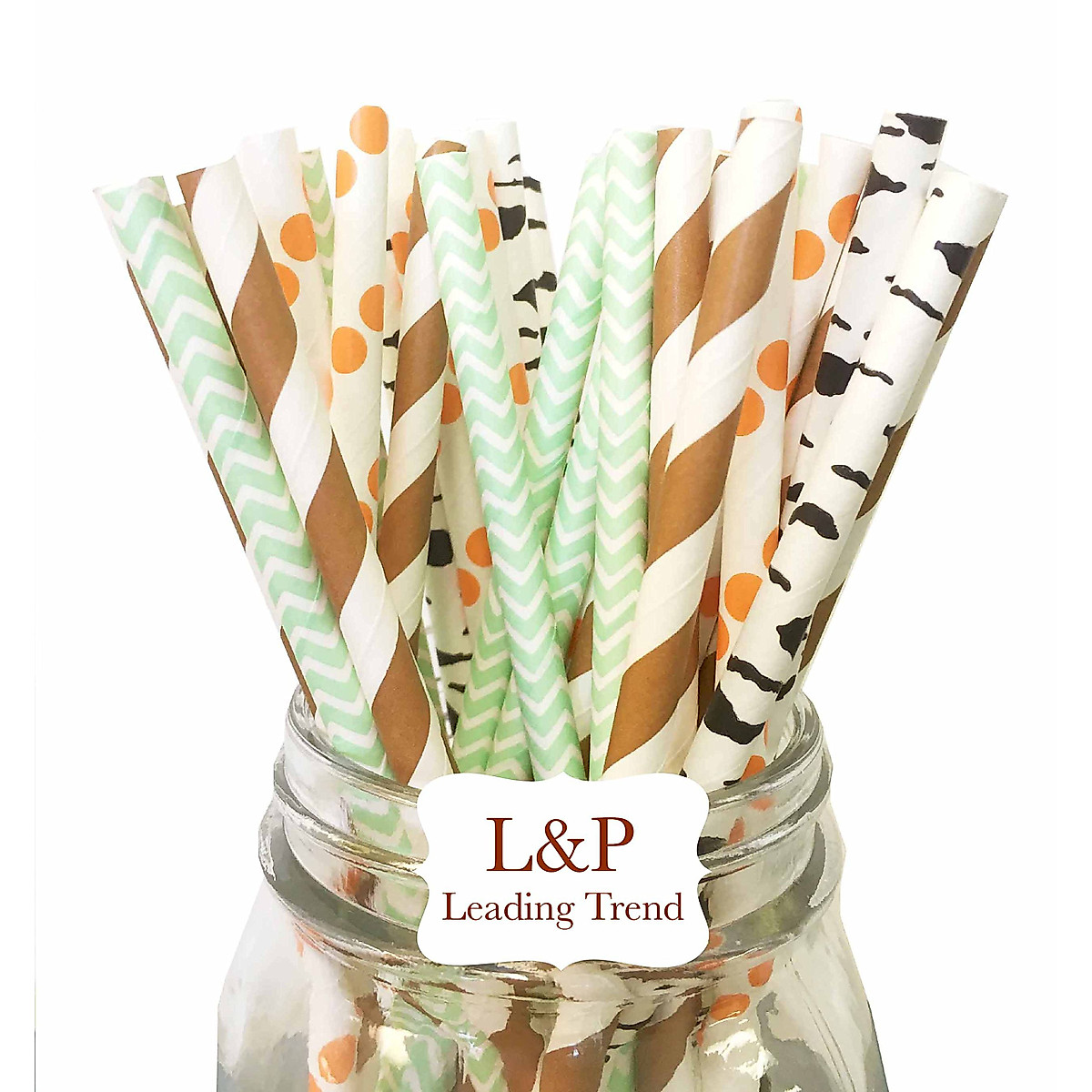 Charmed Forest Woodland Animal Theme Paper Straw in Brown Stripe Green, Orange and Ash Print
