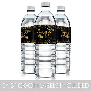 Black and Gold 30th Birthday Party Water Bottle Labels - 24 Stickers