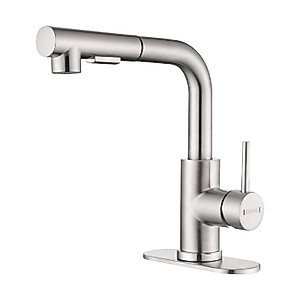 Bar Sink Faucet Brushed Nickel with Pull Out Sprayer, DAYONE Modern Stainless Steel Kitchen Faucets, Utility Single Hole/Handle Mini Bar Faucet Tap for RV
