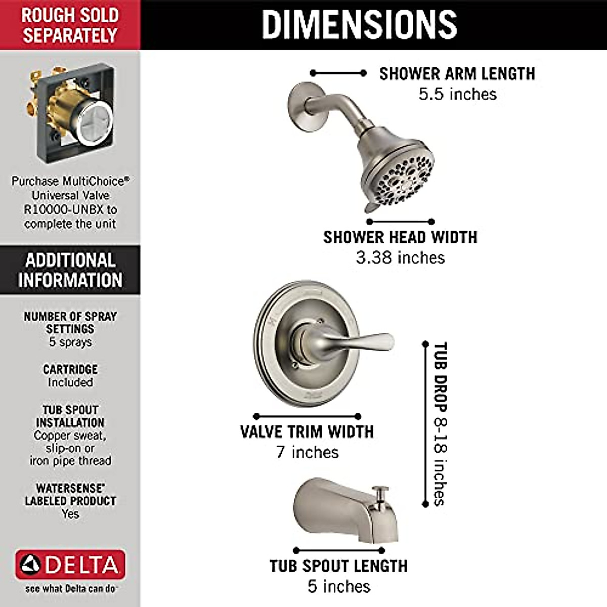 Delta Faucet Classic 13 Series Single-Function Tub and Shower Trim Kit with Single-Spray Touch-Clean Shower Head, Stainless T13220-SS (Valve Not Included)
