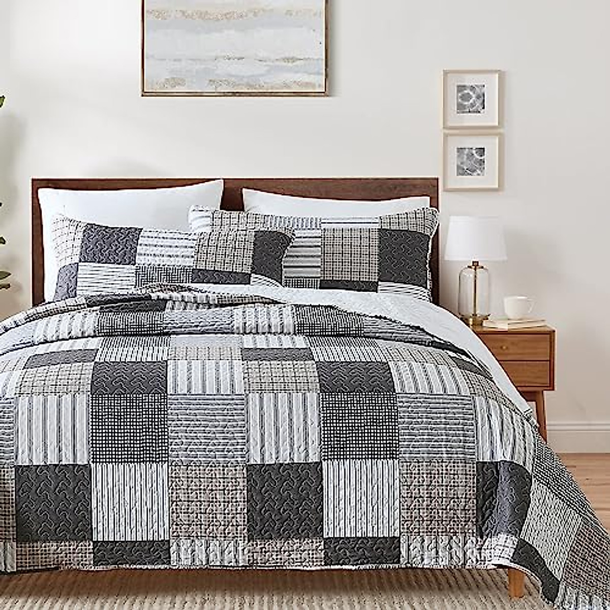 HIARUO Quilt Set Queen Size, 3 Pieces Bedspread Coverlet Plaid Patchwork Quilt Farmhouse Queen Size Comforter Set Lightweight Bedding with 2 Pillow Covers Shams for All Season Gray Brown White