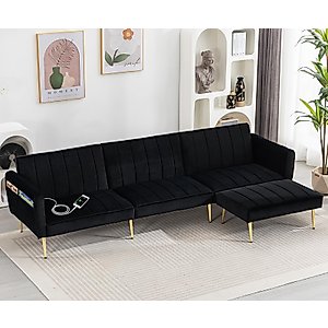 TTGIEET 105" Velvet Sofa Couch with Chaise, L Shape Futon Sofa Couch with USB, 4-Seat Sleeper Sofa Bed for Living Room (Black)