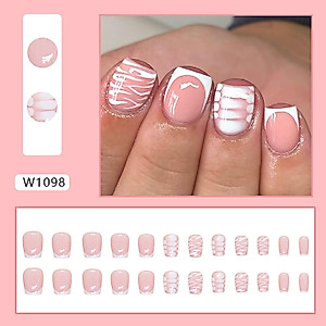 French Tip Press on Nails Short False Nails White Nail Tips Acrylic Nails with Ripple Design Fake Nails Square Shape Glue on Nails Cute White Artificial Nails Short Stick on Nails for Women Decoration