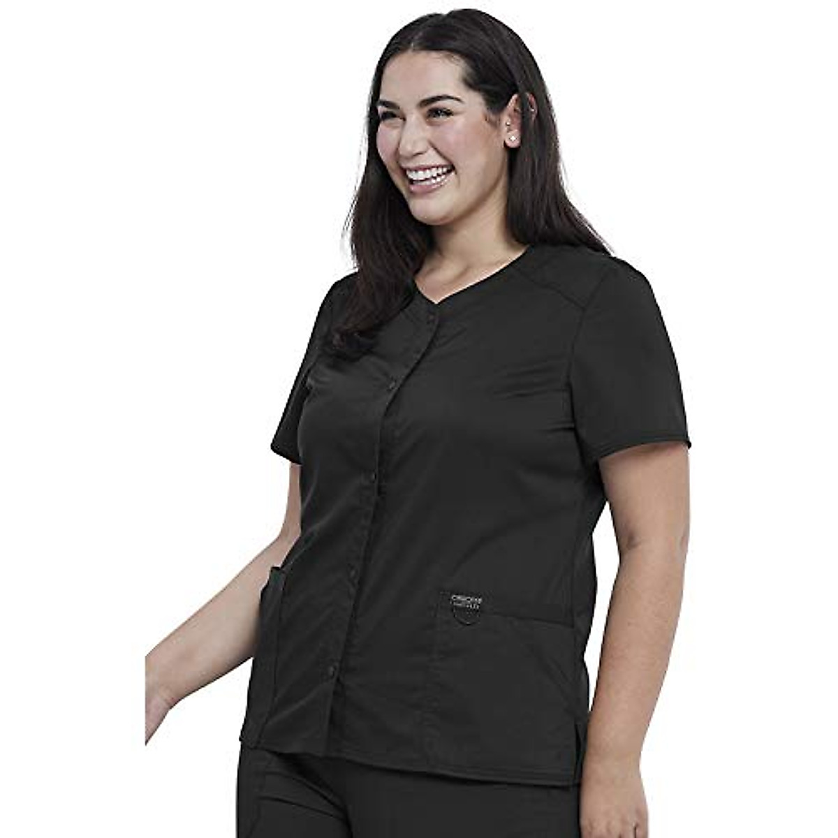 Cherokee Women Scrubs Top Workwear Revolution Snap Front V-Neck WW622, L, Black