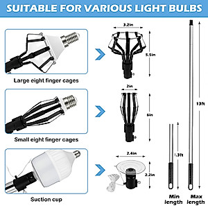 Light Bulb Changer for High Ceilings - 13FT Light Bulb Changer Kit with Extension Pole Light Bulb Changer with Baskets and Suction Cup Light Bulb Removal Tool for High Ceilings and Recessed Lights