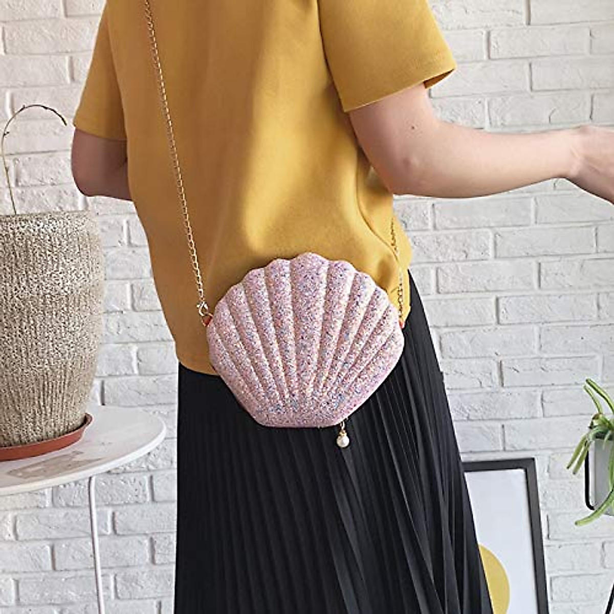 MANZONI Women Girls Little Seashell Purse -Body Shoulder Bags Sequins Chain Purse, White