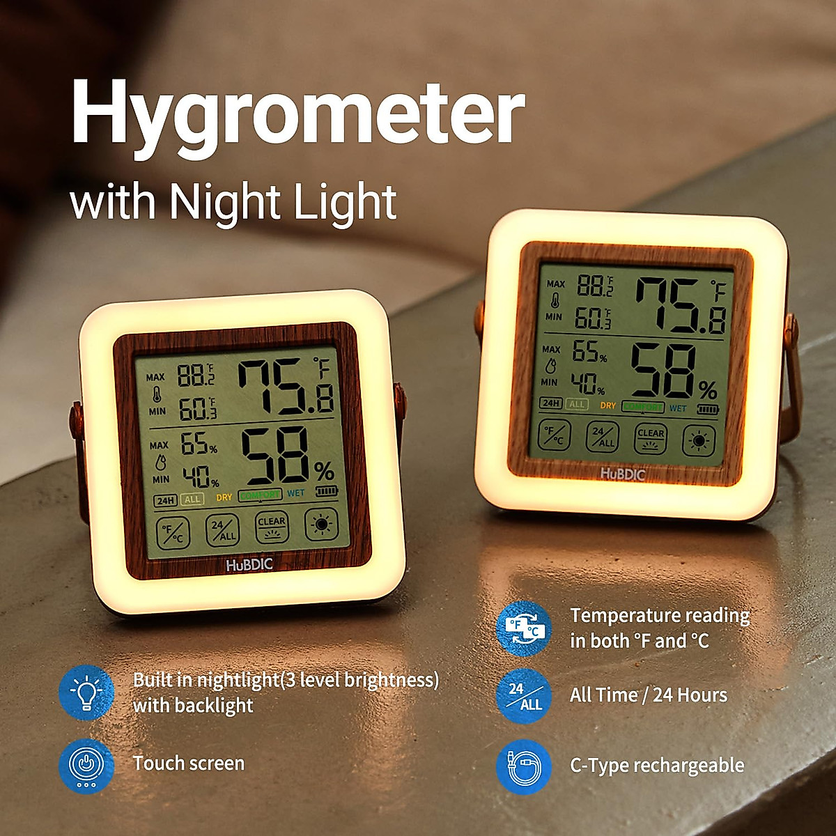 HubiBaby Digital Hygrometer Indoor Thermometer Humidity Meter Room Thermometer, Humidity Monitor for Home, Bedroom, Baby Room, Office, Greenhouse, Cellar, Portable Nightlight (Dark Wood)