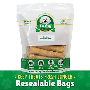 Lucky Premium Treats Dog Treats - Chicken Wrapped Rawhide Dog Bones for Medium Dogs Under 50 lbs., 32ct. - All Natural, Long Lasting Chew for Teething - Safe & Made in USA