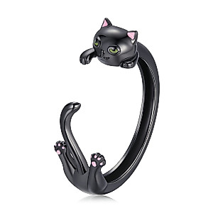 RUKYF 925 Sterling Silver Black Cat Rings with Black Gold Plating Dainty Stackable Adjustable Rings for Women Men Cute Cat Gifts for Cat Lovers