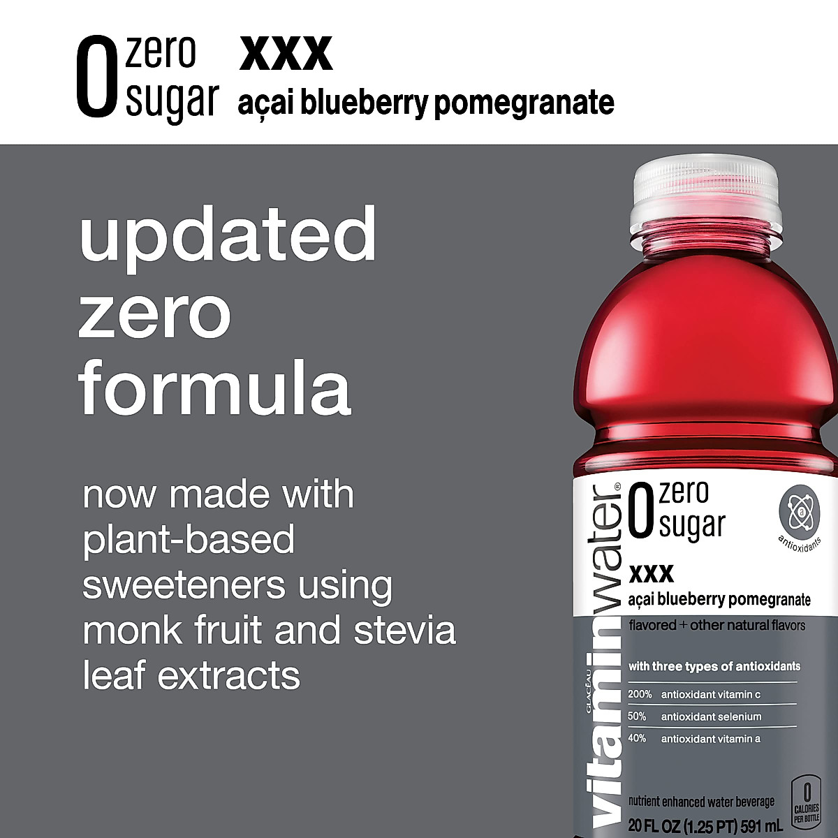 vitaminwater zero sugar xxx, electrolyte enhanced water w/vitamins, açai-blueberry-pomegranate drinks, 20 fl oz, 12 Pack