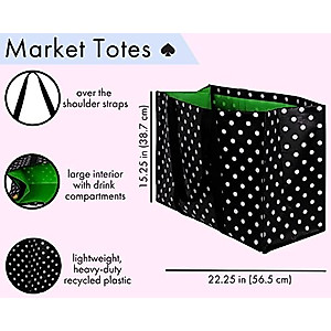Kate Spade New York Large Reusable Grocery Bag, Oversized Tote Bag with Pockets, Black Collapsible Tote for Shopping, Picture Dot