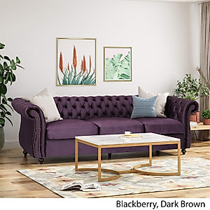 Great Deal Furniture GDFStudio Tufted Jewel Toned Velvet Sofa with Scroll Arms, BlackBerry