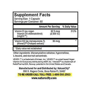 NatureCity TrueK2D3 Bone and Heart Health Formula - Plant Based 90mcg of Vitamin K2 (MK7) & 62.5mcg of Vitamin D3 60 Veggie Capsules