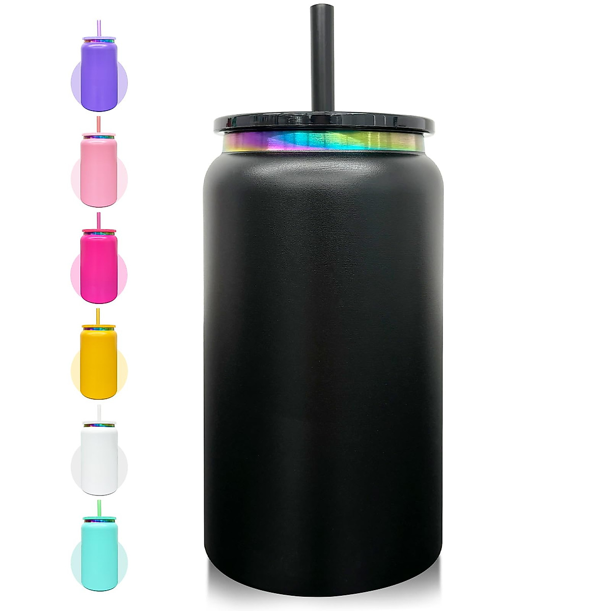 Glass Cups with Lids and Straws, 16 oz Stainless Steel Cups, Insulated Skinny Tumbler, Powder Coated Travel Mugs for Laser Engrave, Iced Coffee Cup for Smoothie Water DIY Gift (Black,1 pack)