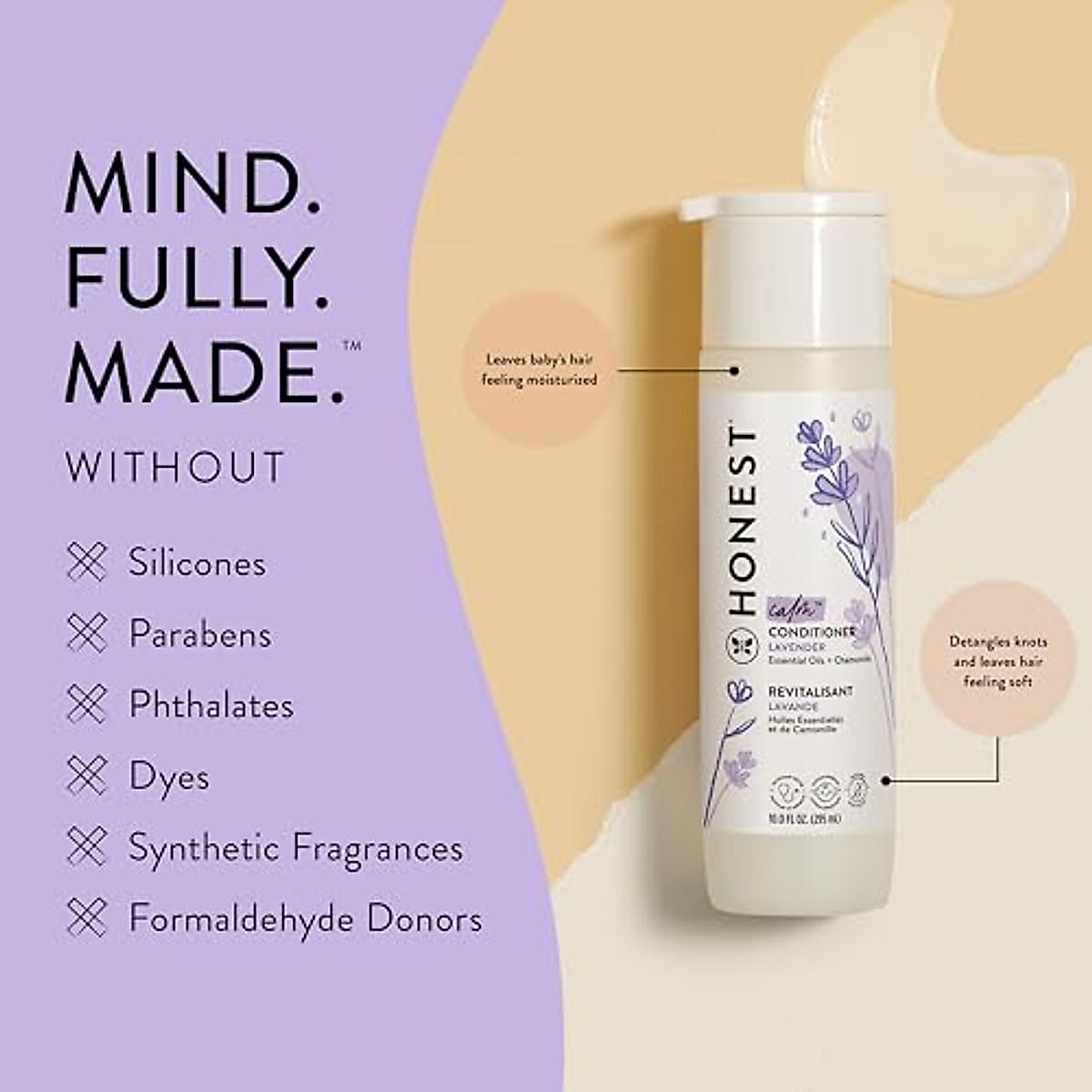 The Honest Company Silicone-Free Conditioner | Gentle for Baby | Naturally Derived, Tear-free, Hypoallergenic | Lavender Calm, 10 fl oz