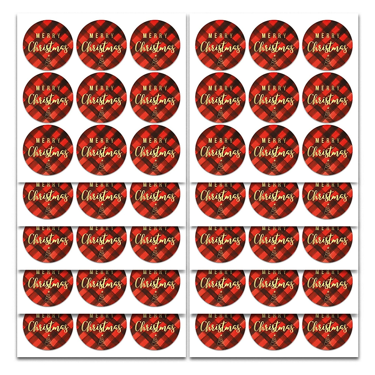 Mobiusea Creation Merry Christmas Stickers | Envelope Seals | 1.4 inch | Gold Foil | Red Buffalo Plaid Labels| Waterproof | 90-Pack for Christmas Gifts, Holiday Stickers for Envelopes, Holiday Cards