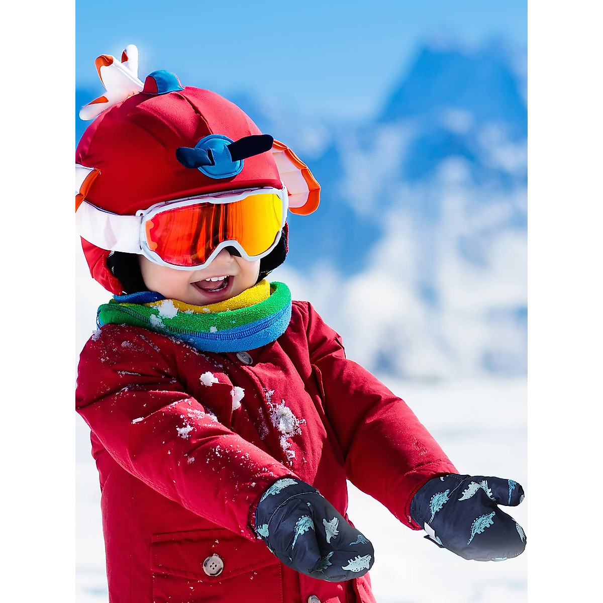 SATINIOR 2 Pairs Girls Waterproof Mittens Kids Snow Gloves Warm Thicken Ski Gloves for Winter Outdoor Activities(2-5 Years,Dinosaur Style)