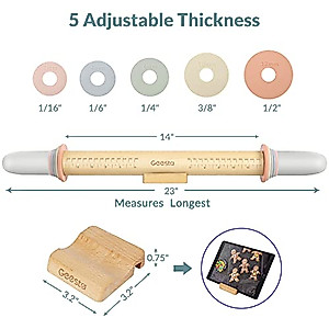 Geesta Adjustable Wood Rolling Pin with 5 Thickness Rings, Precise Dough Roller Handle Press Design with Measurement Guide for Fondant, Pizza, Pie Crust, Cookie, Pastry Baking Decorating Accessories