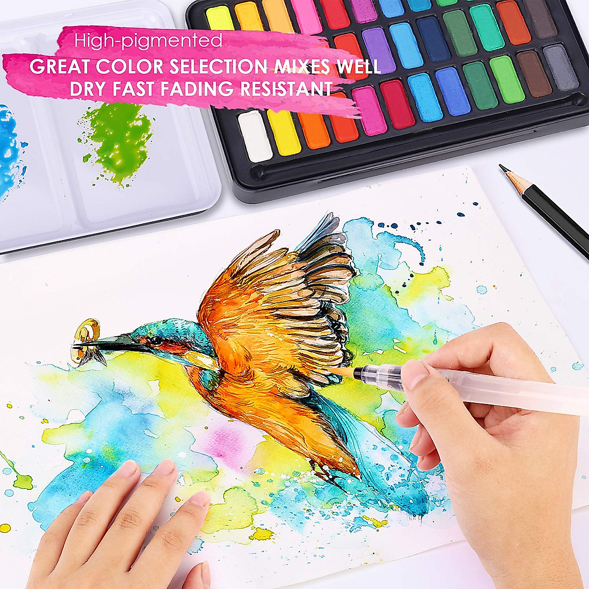 MISULOVE Watercolor Paint Set, 36 Colors in Gift Box with Bonus Watercolor Paper and Brush, Painting Kit for Kids 6-12, Adults, Artists