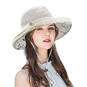 Mesh Sun Hats Women's Foldable Fishing Hat Wide Brim Summer Outdoor UV Protection Beach Bucket Cap with Chin Strap Beige
