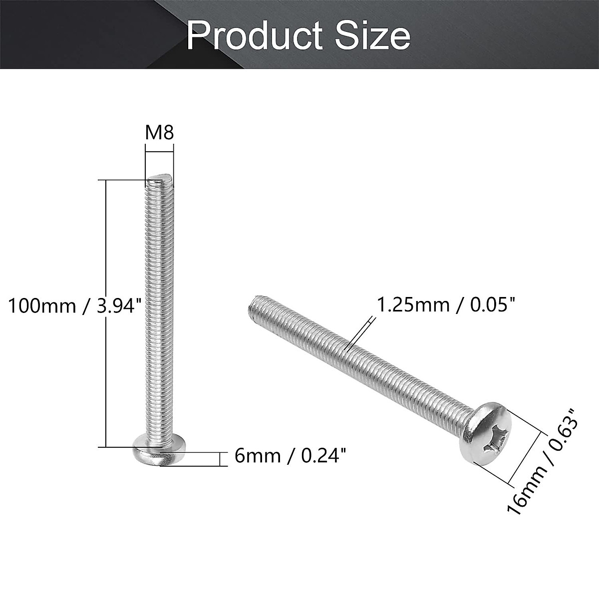 MroMax M8-1.25x100mm Pan Head Screws Phillips Cross Drive Bolts TV Hanging Machine Screws Flat Screen TV Wall Mounts Screws Extra Long 304 Stainless Steel Decent Screws Install Panels Repair 2PCS