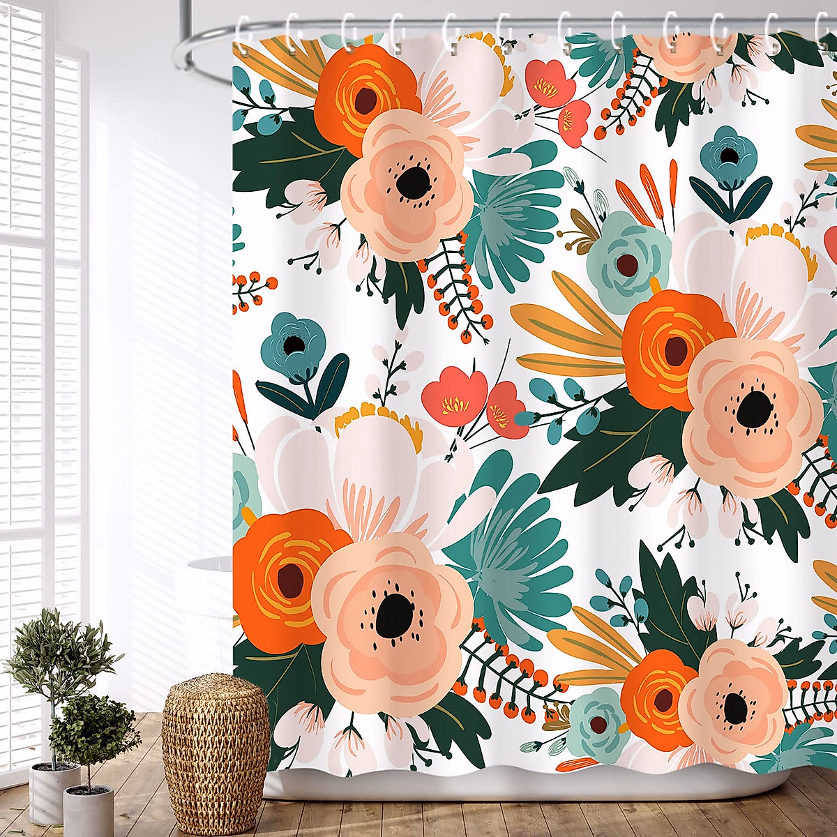 LIVILAN Floral Shower Curtain Colorful Flower Fabric Bath Curtain Set with Hooks Decorative Bathroom Curtain Machine Washable 72Wx72H Inches