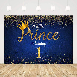 MOHOFOND Prince Boy 1st Birthday Decoration Backdrop Gold Crown Glitter Star A Little Prince is Turning 1 Blue Photography Background Banner of Cake Table Studio Photo Props 7x5ft