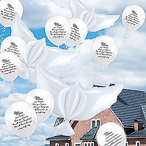 50 PCS White Memorial Balloons Set with 40 PCS White Memorial Balloons 8 PCS Peace Dove Balloons 2 Rolls of Ribbons Funeral Remembrance Balloons for Condolence Funeral Anniversary Memorial Services