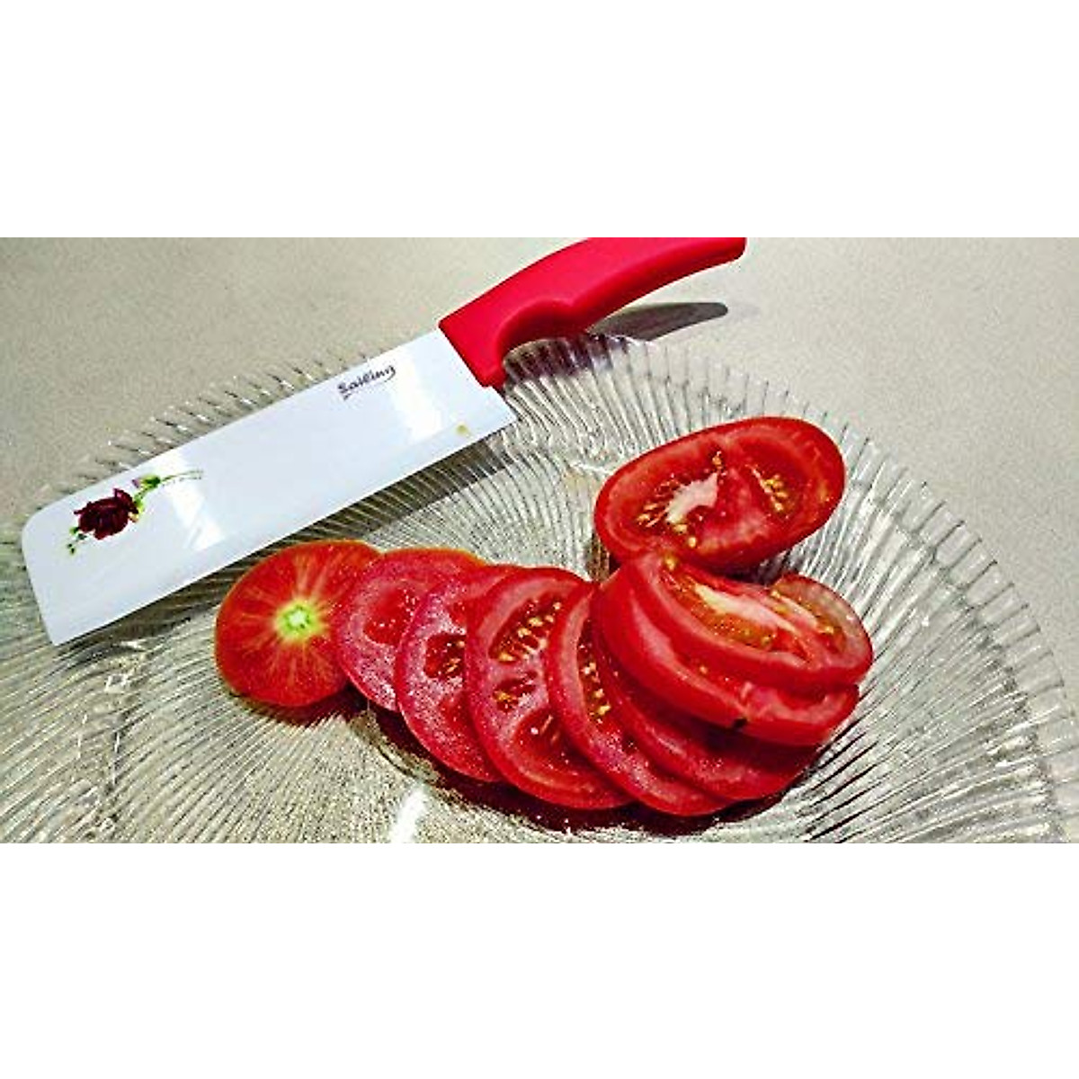 Sailing. Elegant 6.5-inch Ceramic Chef's Knife, Red Handle,White Blade with Red Flower - Best Kitchen Ceramic Cutlery, Featuring Designs