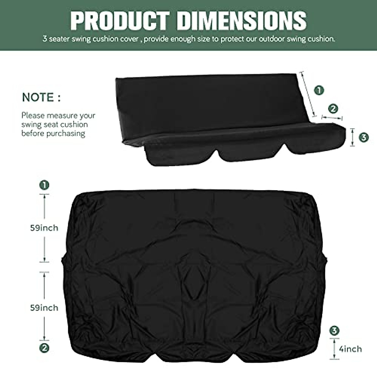 Outdoor Swing Cushion Cover Patio Swing Cushion Replacement 3 Seater Swing Seat Cushion Cover Waterproof Dust Proof for Courtyard Garden Swing Chair Protection Cover-59x59x4inches (Black)