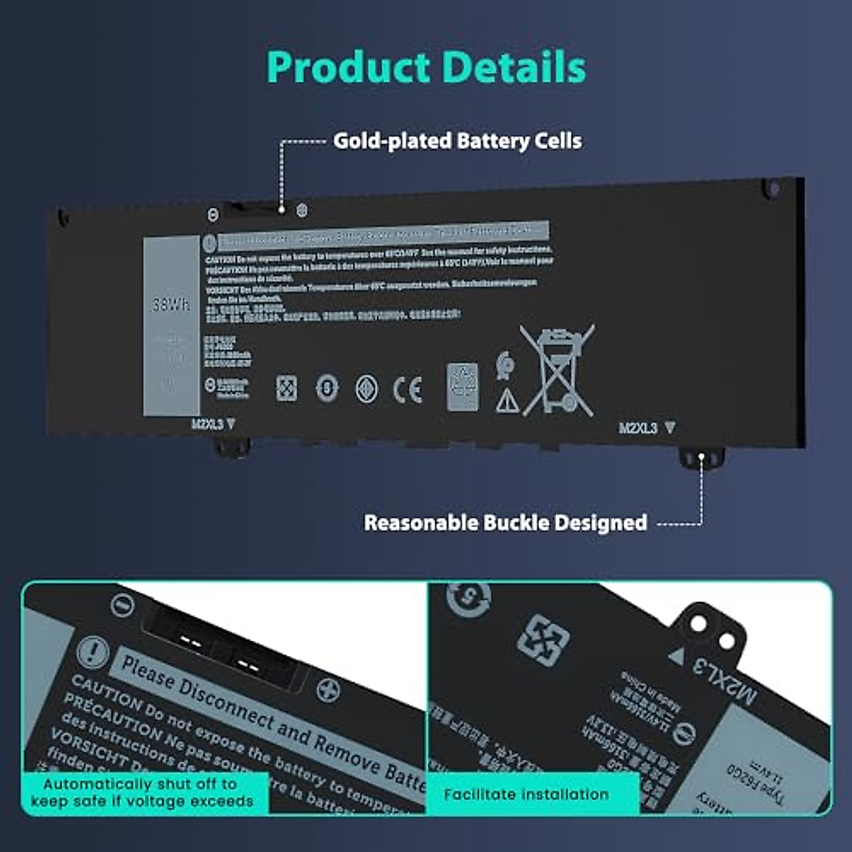 38Wh F62G0 39DY5 Replacement Laptop Battery For Dell Inspiron 13 7000 5000 Series 7370 7373 7380 5370 7386 2-in-1 P83G001 P83G P91G Vostro 5370 Rechargeable Battery 11.4V Fits 0RPJC3 39DY5 F62GO RPJC3