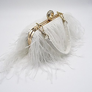 Zakia Real Natural Ostrich Feather Evening Clutch Shoulder Bag Party Bag (A-White)