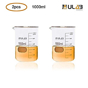 ULAB Scientific Glass Beakers, Vol. 1000ml, 3.3 Borosilicate Griffin Low Form with Printed Graduation, Pack of 2, UBG1017