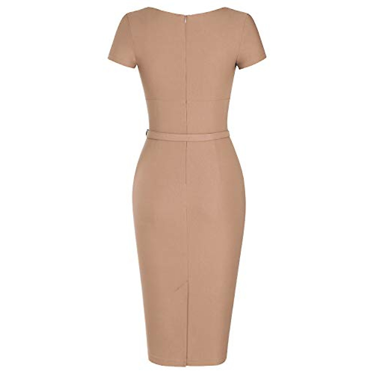 MUXXN Lady Formal Pleated Neckline Slim Sheath Bodycon Prom Vintage Tea Dress (Camel XL)