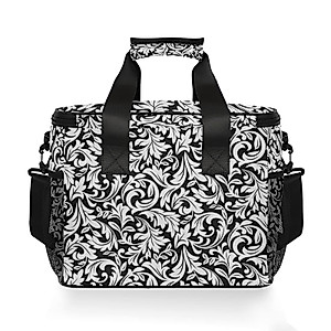 Seamless Gold Baroque, Damask Floral Pattern in Black White Style Insulated Leak proof Cooler Large Capacity Lunch Bag with Adjustable Shoulder Strap for Camping Picnic Reusable Cooler Bag