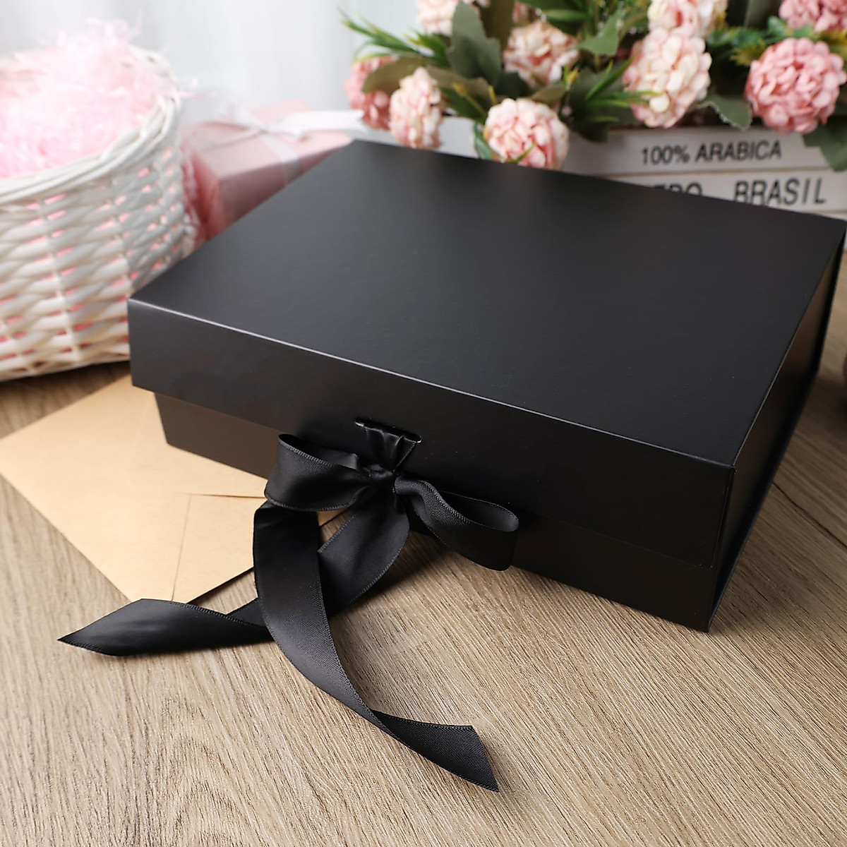 VGOODALL Black Gift Box,10.5 x 7.5 x 3.1 inches Gift boxes for Presents with Lids, Magnetic Closure Collapsible Groomsman Proposal Box with Ribbon Used for Halloween, Birthday, Anniversary Present
