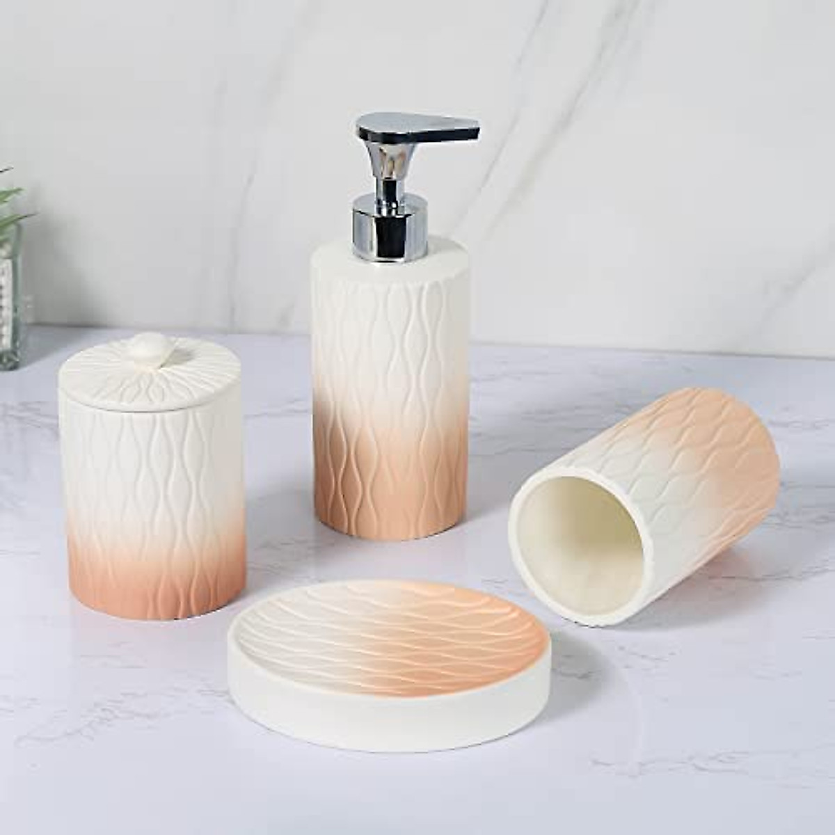 RZCNC Bathroom Accessories Set,Hand-Carved Lines Ceramic Bathroom Set. 4 Piece Boho Bathroom Decor.New Apartment Essentials. Modern Toothbrush Holder and Soap Dispenser. Premium Orange